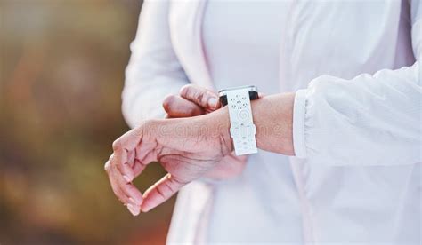 Smartwatch Woman And Hand Heart Check With Fitness Or Time Cardio