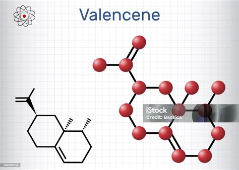 발렌센 분자 그것은 Carbobicyclic 화합물 Sesquiterpene 감귤류의 향기 성분입니다 구조 화학식 분자 모델