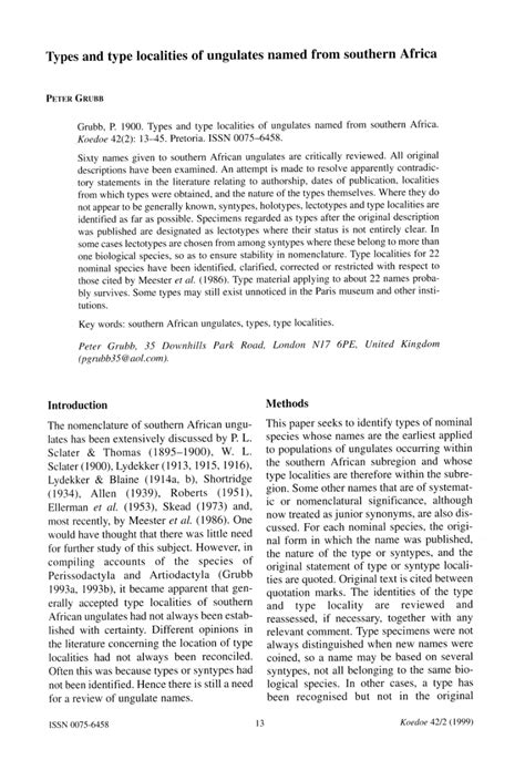 Pdf Types And Type Localities Of Ungulates Named From Southern Africa