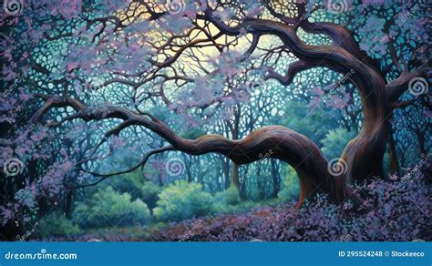 Majestic Purple Tree In Ultra Detailed Pointillism Illustration Stock