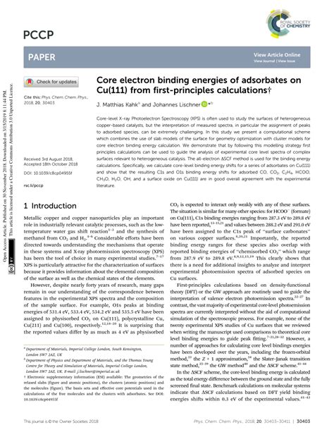 Pdf Core Electron Binding Energies Of Adsorbates On Cu 111 From