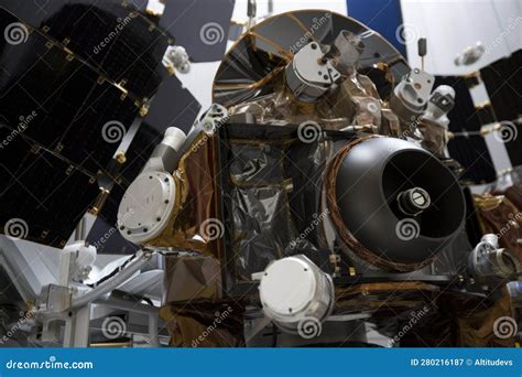 Close Up Of Satellite And Spacecraft Components With Visible Sensors