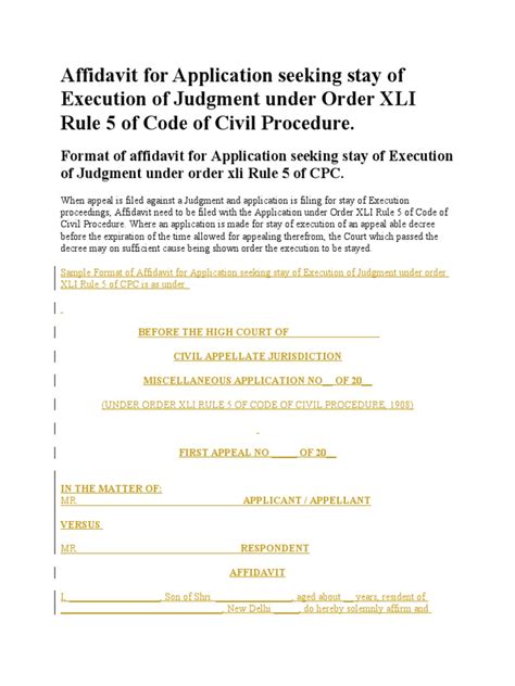 Affidavit For Application For Stay Execution Of Judgment Under Order