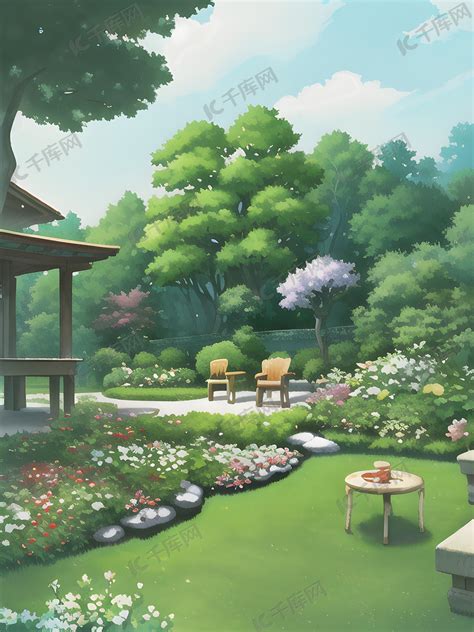 庭院卡通绿植花园春天景色插画图片 千库网