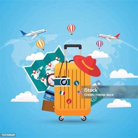 관광 수하물 카메라 모자 지도 및 파란색 배경에 티켓 비행기는 전 세계를 여행합니다 휴가 중 도로 여행 휴가 벡터 일러스트레이션 평면 디자인 여행 가방에 대한 스톡 벡터