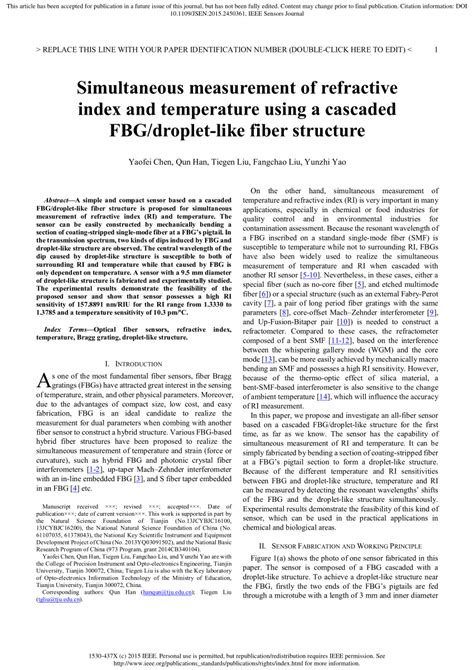 Pdf Simultaneous Measurement Of Refractive Index And Temperature Using A Cascaded Fbg Droplet