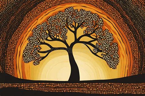 Tree On The Hill Aboriginal Tree Aboriginal Art Vector Painting With Tree And Sun