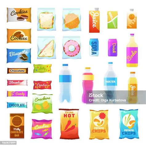 자동 판매기 제품 음료 및 스낵 플라스틱 패키지 패스트 푸드 스낵 팩 비스킷 샌드위치 음료 물 주스 플랫 벡터 아이콘 사탕에