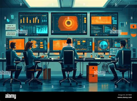 A Group Of Professionals Collaborates In A Modern Control Room Analyzing Data On Multiple