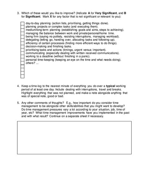 Time Management Questionnaire In Word And Pdf Formats Page 2 Of 2