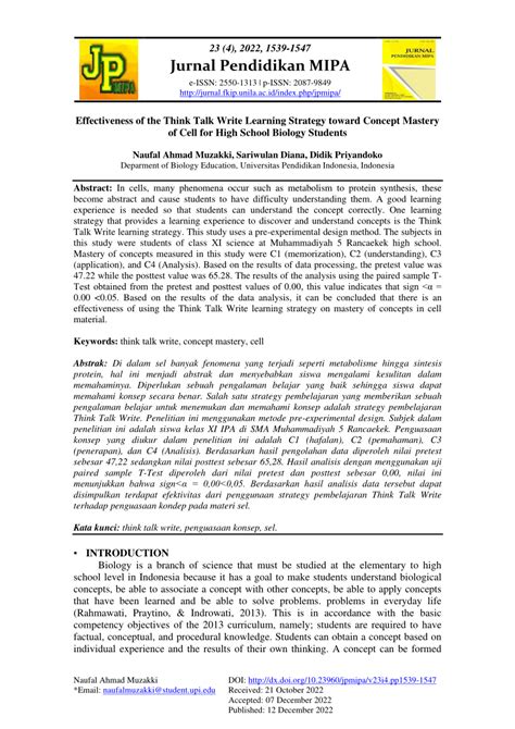 Pdf Effectiveness Of The Think Talk Write Learning Strategy Toward Concept Mastery Of Cell For