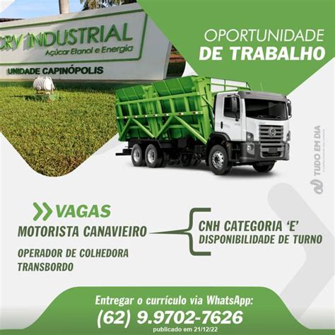 Vagas Para Motorista Canavieiro E Operador De Colhedora E Transbordo