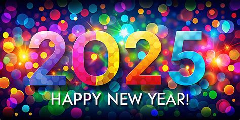 充滿活力的 2025 年新年賀卡充滿了明亮的顏色和日期數字 設計為節日橫幅或壁紙 非常適合創建歡快的卡片傳單背景圖像 2025 新年快樂