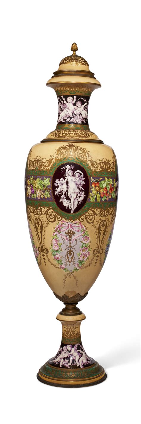 A Monumental Sevres Style Porcelain Polychrome Ground Vase And Cover