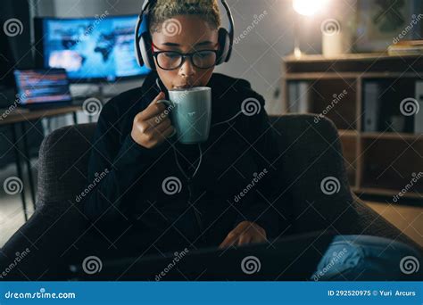 Hacker Woman Coffee And Night On Laptop Thinking And Ideas For Cybersecurity Data Phishing