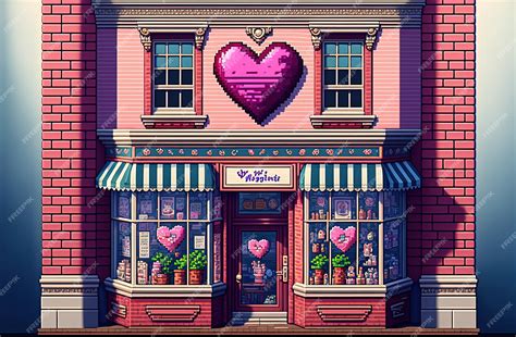 Premium Ai Image Pixel Art Store Front Facade With Valentines Decor Background In Retro Style