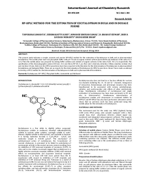 Pdf Rphplc Method For The Estimation Of Escitalopram In Bulk And In