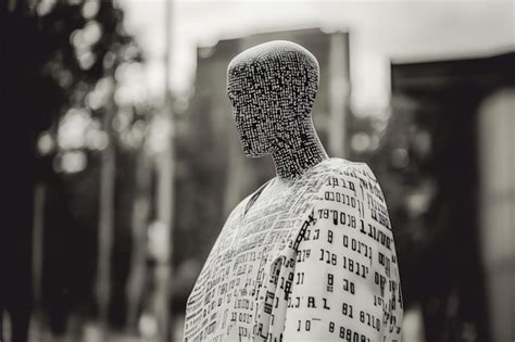 Monochrome Sculpture Covered In Binary Code Patterns Premium AI