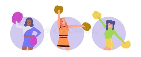 Pretty Cheerleader Girls Cartoon Characters With Pompoms Dancing