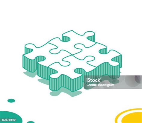 흰색 배경에 등색 퍼즐 네 개의 퍼즐 조각 팀워크 또는 협력 개념을 간략하게 설명합니다 등측투영법에 대한 스톡 벡터 아트 및