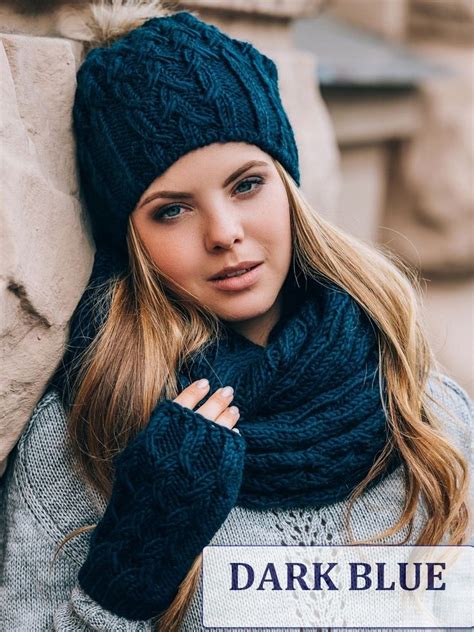 Fur Pom Pom Hat Knit Infinity Scarf Gloves Mittens Winter Etsy Hat