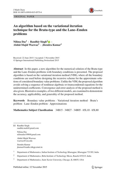 Pdf An Algorithm Based On The Variational Iteration Technique For The