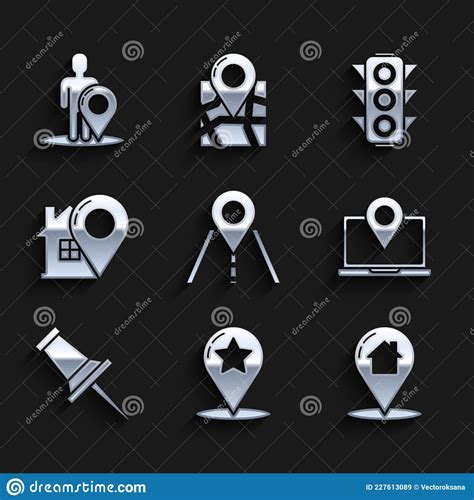 Set Road Traffic Sign Map Pointer With Star House Laptop Location Marker Push Pin Traffic