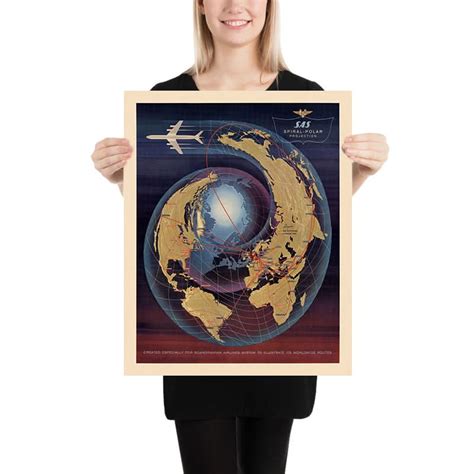 Old Airline Polar Projection World Map By Sas 1960 Spiral Design Gl