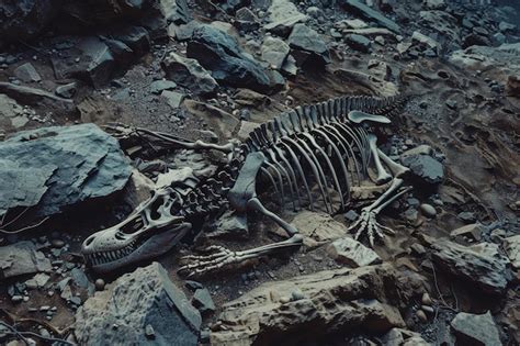 Fossilized Skeleton Laid Bare In A Rocky Desert Landscape Offering A