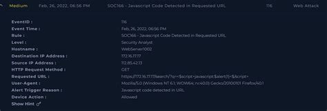 Soc166 — Javascript Code Detected In Requested Url Lets Defend By