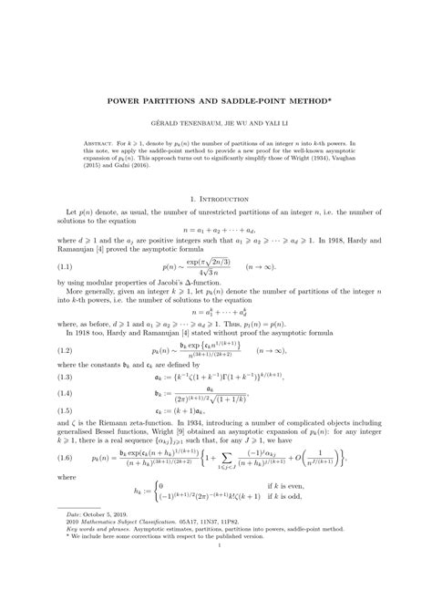 PDF Power Partitions And Saddle Point Method