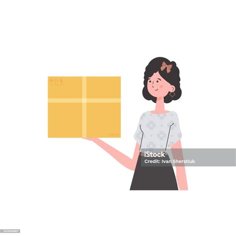 여자는 허리 깊숙이 묘사되어 손에 소포를 들고 있습니다 배달 개념 흰색 배경에 고립되어 있습니다 벡터 일러스트레이션 개념에 대한 스톡 벡터 아트 및 기타 이미지 Istock