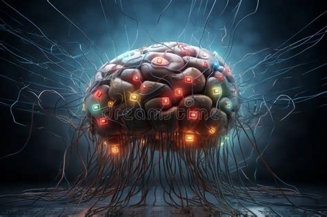 Human Brain With Many Connected Cables And Wires Generative Ai Stock Image Image Of