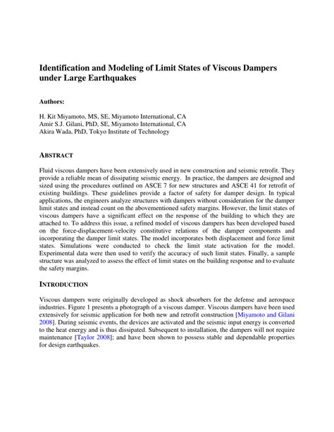 Pdf Identification And Modeling Of Limit States Of Viscous Dampers Under Large Earthquakes
