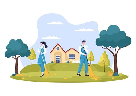 청소 서비스 평면 디자인 일러스트 레이 션 배경 배너 또는 포스터를 위해 빗자루로 나뭇잎에서 길을 청소하고 청소하는 사람들 프리미엄 벡터