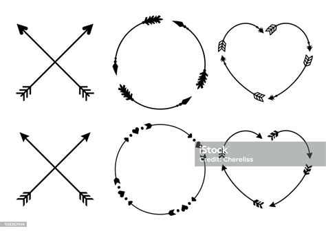 짜 대 원과 심장 화살표 프레임입니다 Criss 교차 Hipster 화살표 Boho 스타일에서 화살표입니다 부족 화살표 설정합니다 벡터 하트 모양에 대한 스톡 벡터 아트 및