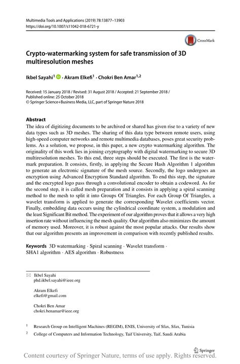 Crypto Watermarking System For Safe Transmission Of 3d Multiresolution Meshes Request Pdf