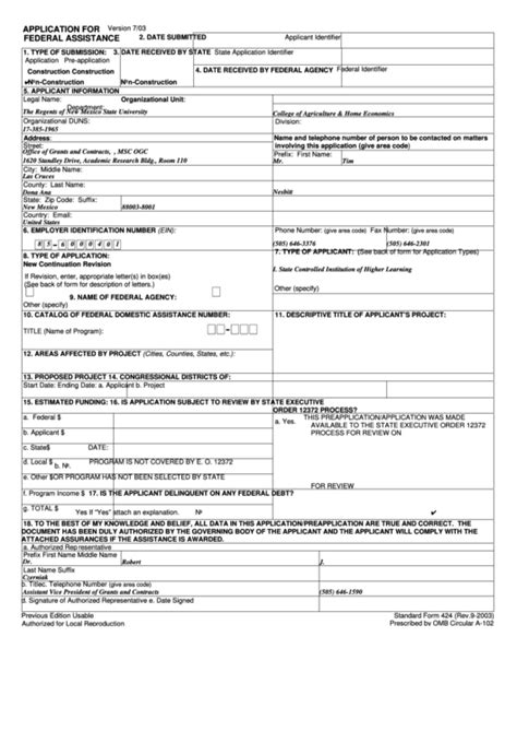 Fillable Standard Form 424 Application For Federal Assistance