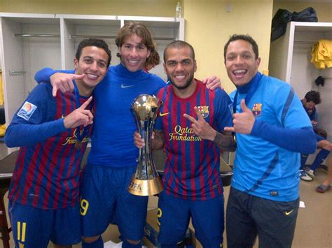 Thiago Maxwell Dani Alves Adriano With The Trophy FC Barcelona