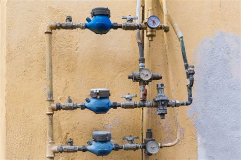 Gas Distribution System On The Outside Wall Of Old Building Stock Image