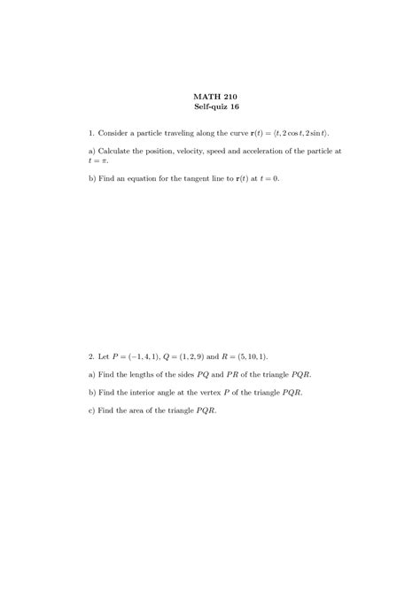 Self Quiz 16 With Answer Key For Calculus Iii Math 210 Docsity