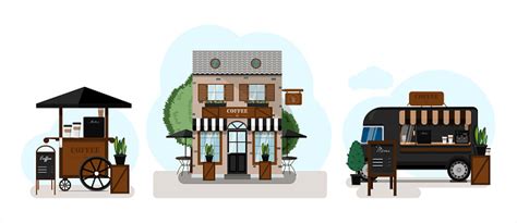 커피 세트 커피 하우스 외부 벡터 일러스트레이션 외관의 플랫 디자인 쿠피와 거리 푸드 트럭 커피를 판매하는 거리 카트 캐노피가 있는 휴대용 노점 커피를 빼앗아 갈 수