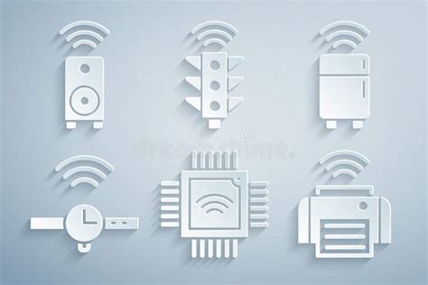 Set Processor With Microcircuits CPU Smart Refrigerator Smartwatch Printer Traffic Light And