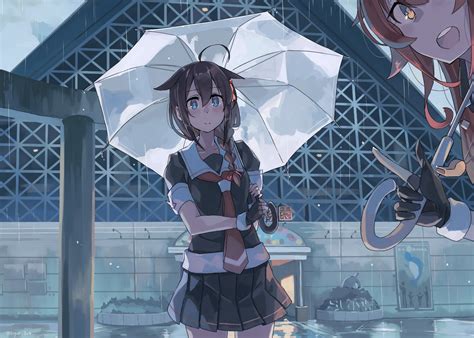 Safebooru 2girls Ahoge Bangs Black Gloves Black Serafuku Blue Eyes