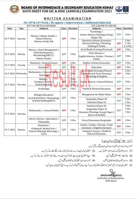 Bise Kohat Board Date Sheet 2025 Inter Part 1 2 Hssc Fa Fsc Inter