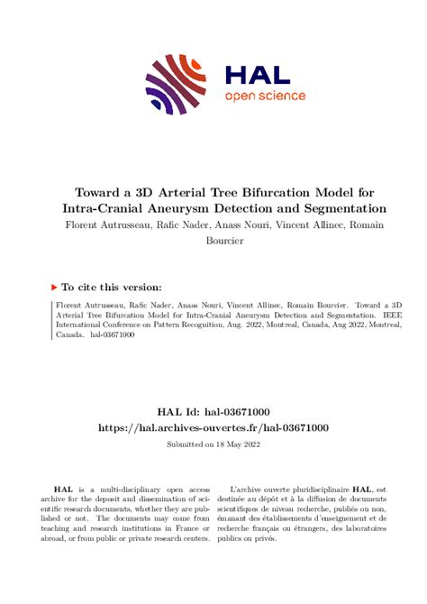Pdf Toward A 3d Arterial Tree Bifurcation Model For Intra Cranial Aneurysm Detection And