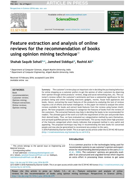 Pdf Feature Extraction And Analysis Of Online Reviews For The Recommendation Of Books Using