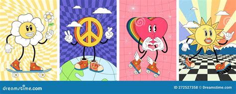 Groovy Art Poster Set With Retro Characters Sun Peace Sign Flower