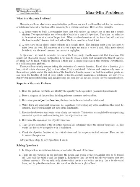 Maxminproblems Handout Pdf Mathematical Optimization Function Mathematics