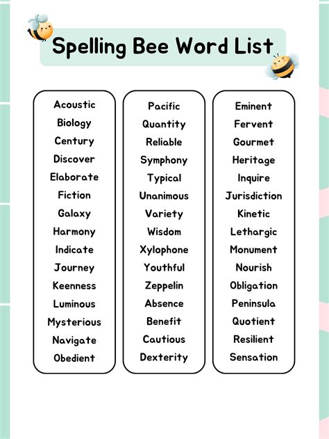 Spelling Bee Word List Cute And Educational Printable Learn Prints